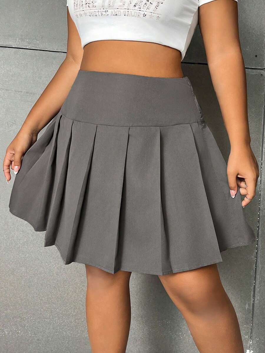 Flirla Solid Color Plus Size Pleated Skirt | SHEIN USA