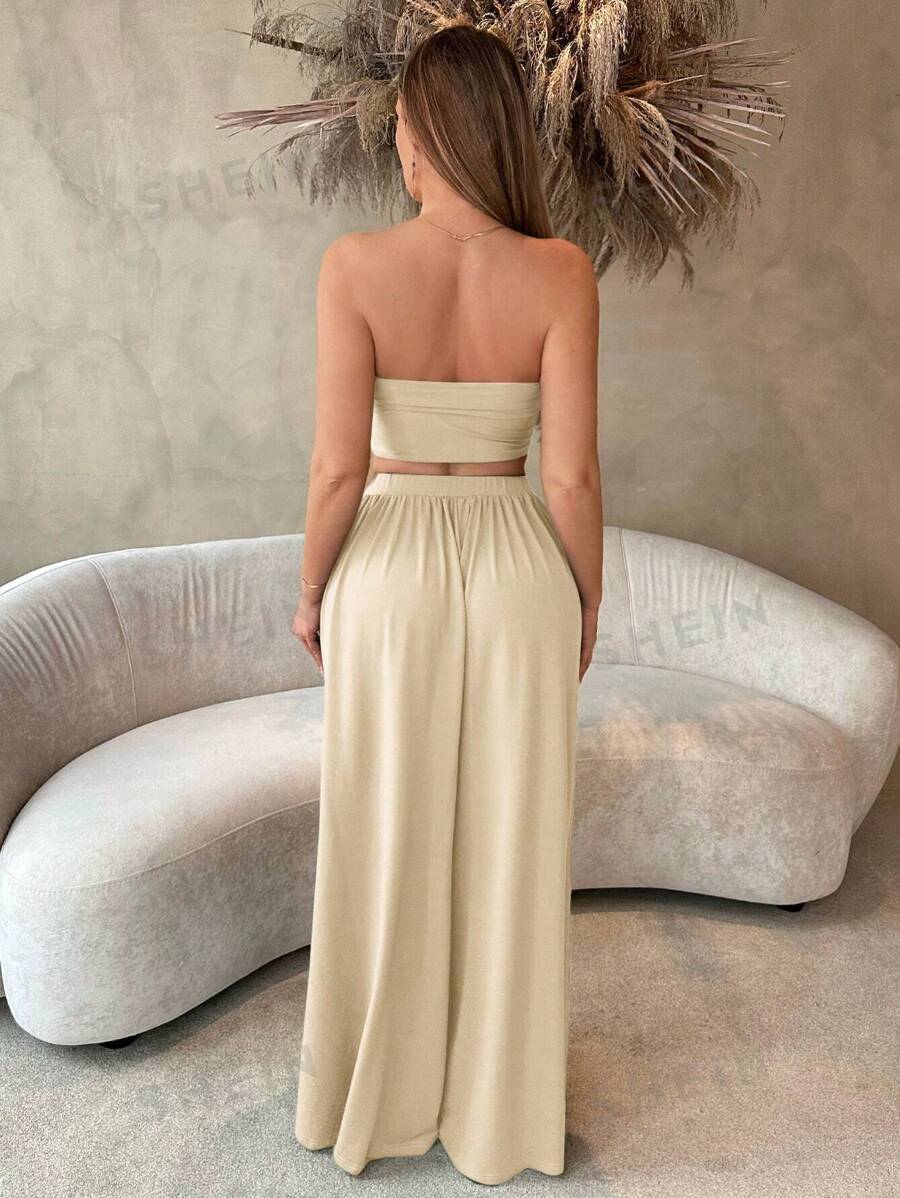 SHEIN SXY Women'S Front Knot Strapless Top And Pants Two Piece Set Spring Summer Women Clothes ...