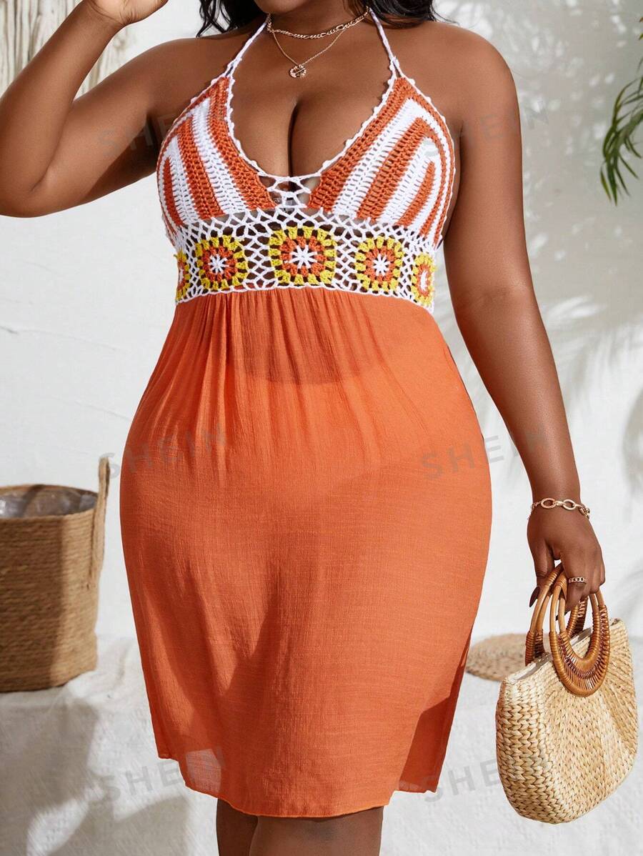 Shein Swim Bohofeel Plus Size Colorblock Striped Crochet Patchwork Open