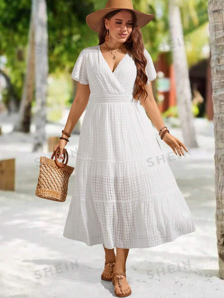 SHEIN VCAY 2024 Plus Size New Beach Resort V-Neck Dress With Ruffled ...