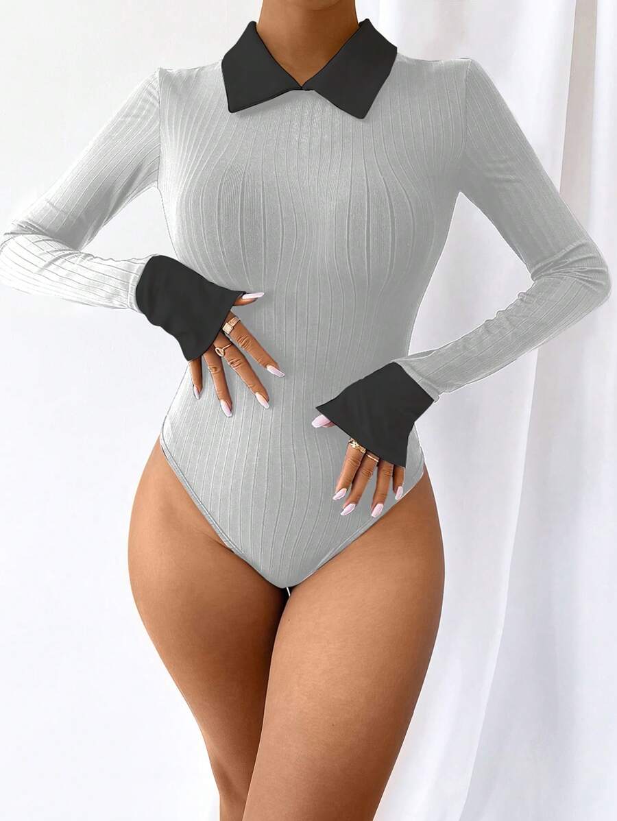 Chiquease Women's Contrast Color Turn-Down Collar Long Sleeve T-Shirt ...