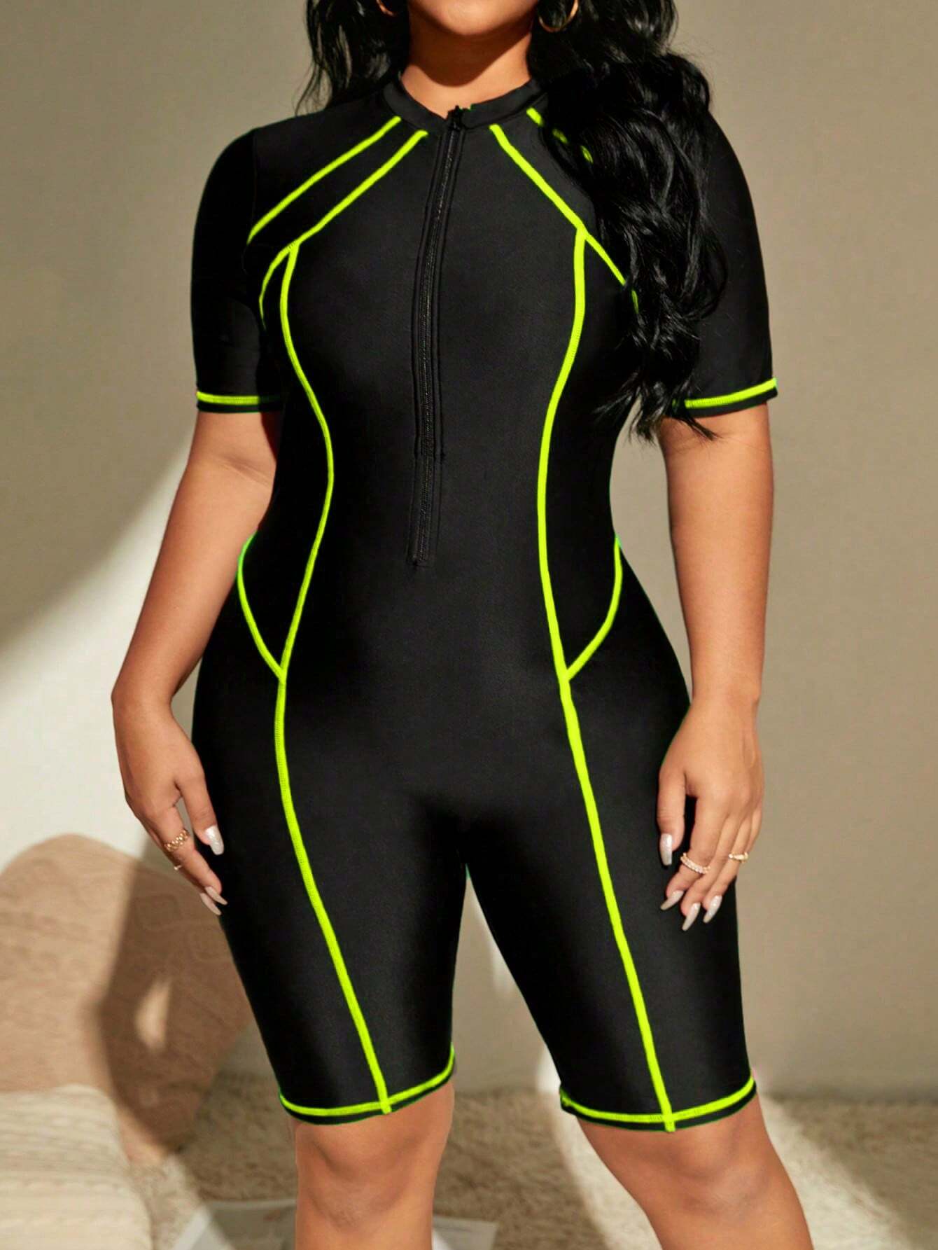 SHEIN Swim Curve Summer Beach Plus Size Colorblocked One-Piece Swimsuit ...