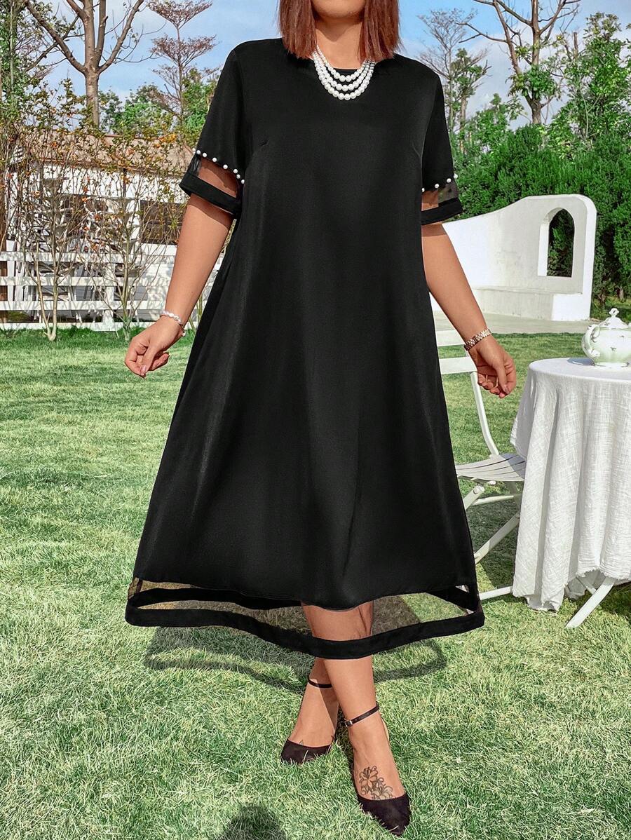 EMERY ROSE Plus Size Mesh Contrast Beaded Decorated Dress | SHEIN USA
