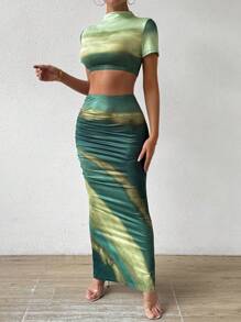 Chiquease Gradient Stand Collar Cropped Top And Mermaid Hem Skirt Set ...