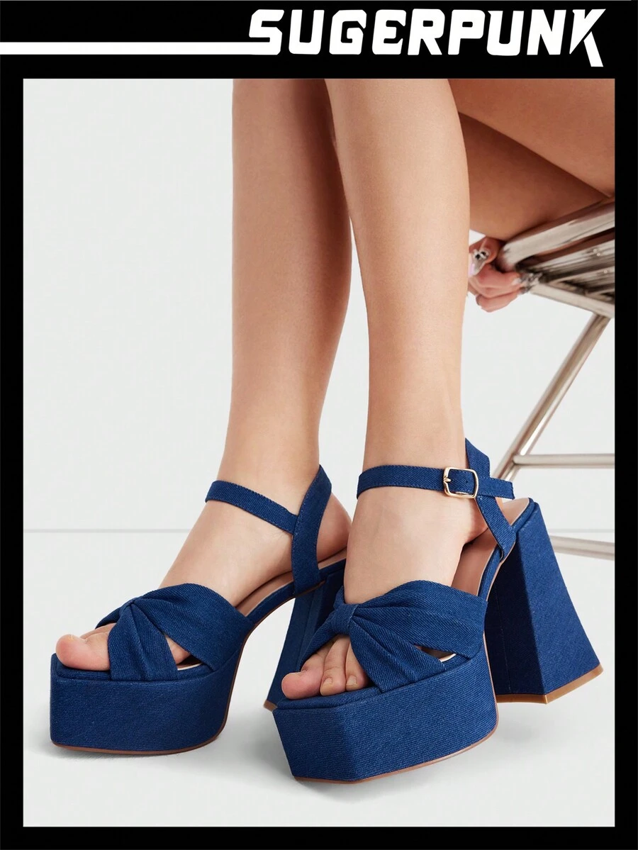 Sugerpunk Y2K Women's Light Blue Square Toe High Heels Waterproof ...