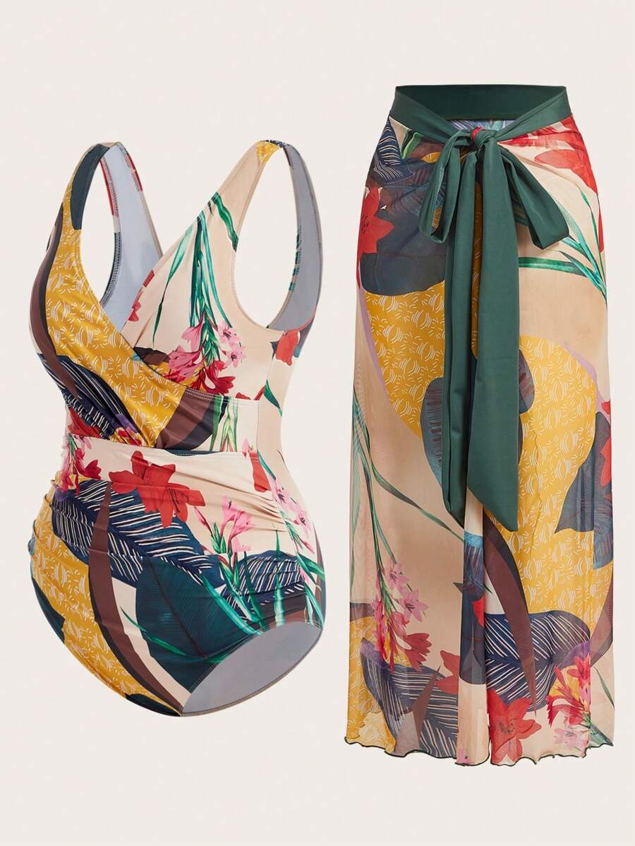 SHEIN Swim Oasis Summer Beach Plus Size Floral Print V Neck One-Piece ...