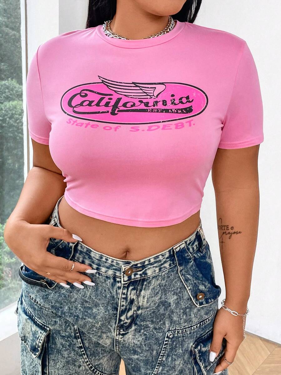 Flirla Plus Size Letter Printed Short Cropped T-Shirt With Round ...