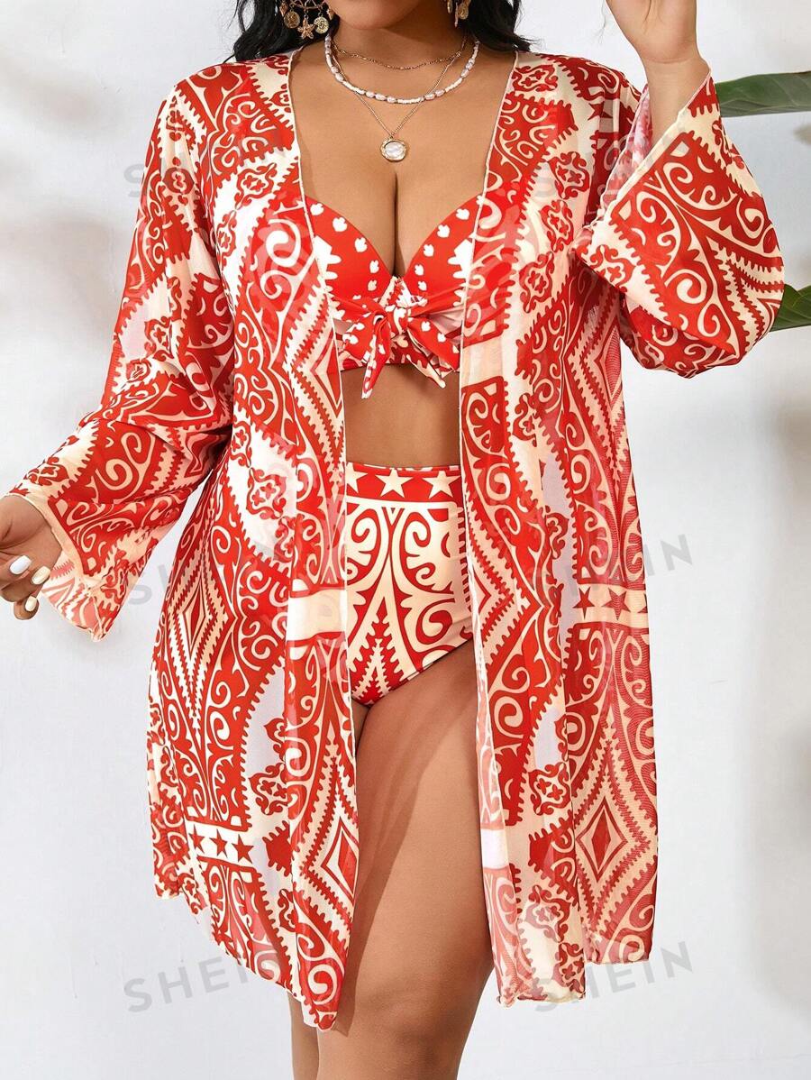 SHEIN Swim Curve Conjunto de bikini con estampado vintage de talla grande, conjunto de bikini ...