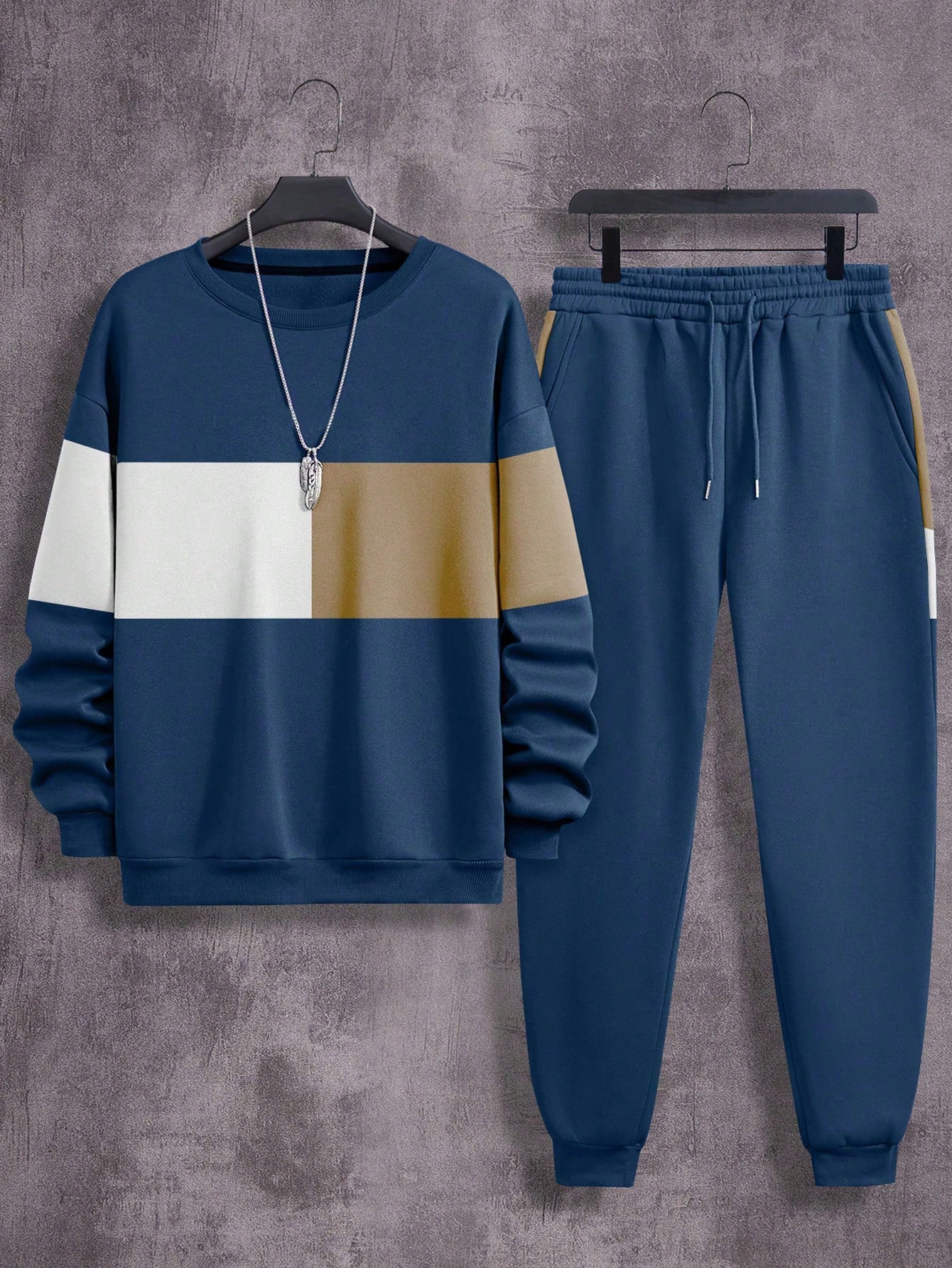 Men's Color Blocking Round Neck Sweatshirt And Pants Tracksuit | SHEIN ASIA