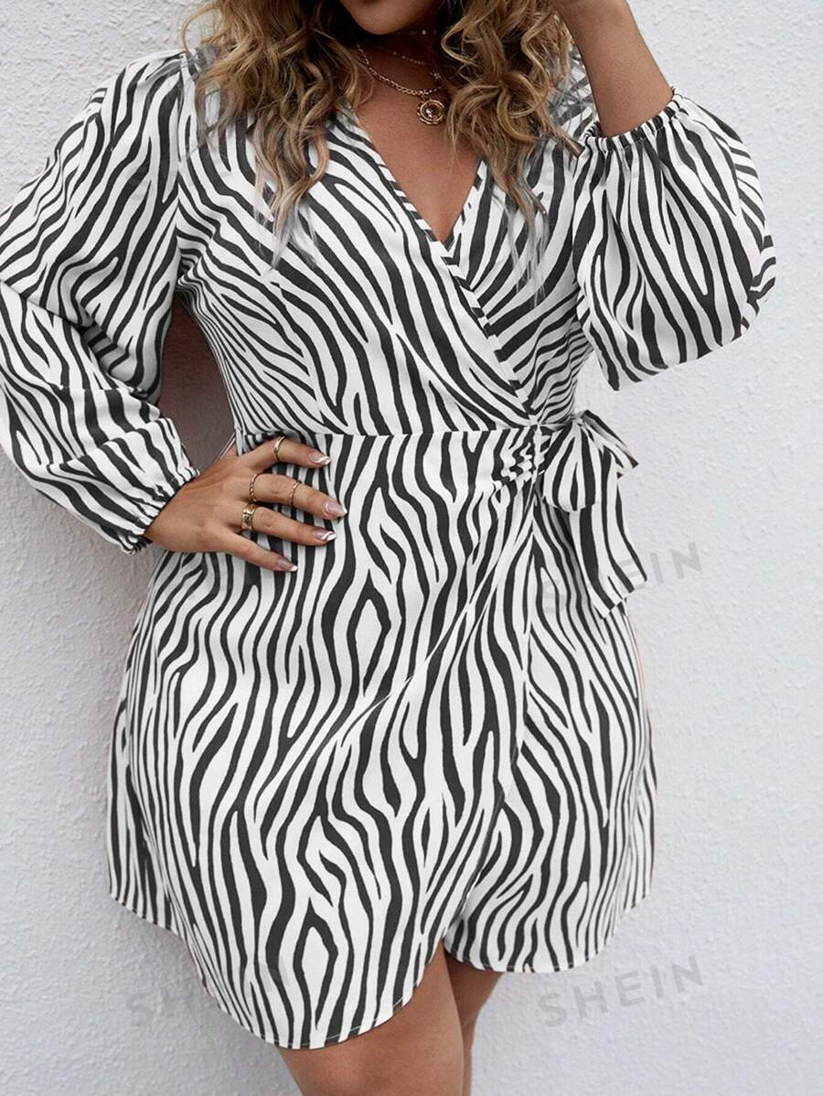 SHEIN Privé Plus Size Zebra Print V-Neck Wrap Dress | SHEIN Singapore