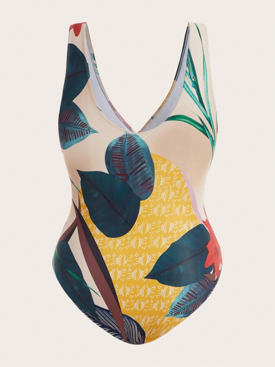 SHEIN Swim Oasis Summer Beach Plus Size Floral Print V Neck One-Piece ...