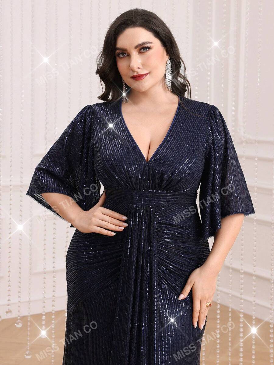 Vestido de Festa Formal Tamanho Plus Size com Decote em V e Cintura ...