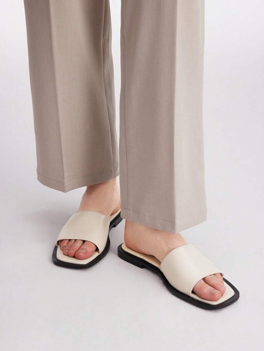 MOTF PREMIUM SQUARE TOE MINIMALIST TWO TONE MULE FLAT SANDALS VACATION ...