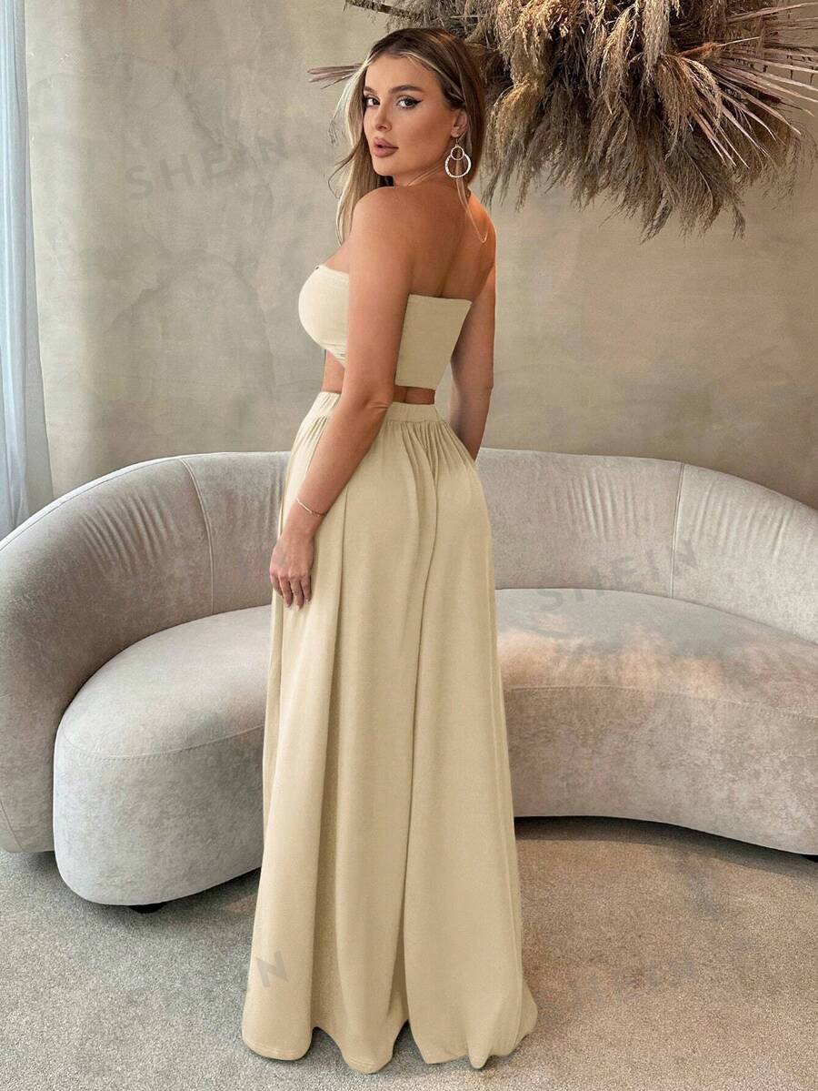 SHEIN SXY Women'S Front Knot Strapless Top And Pants Two Piece Set Spring Summer Women Clothes ...