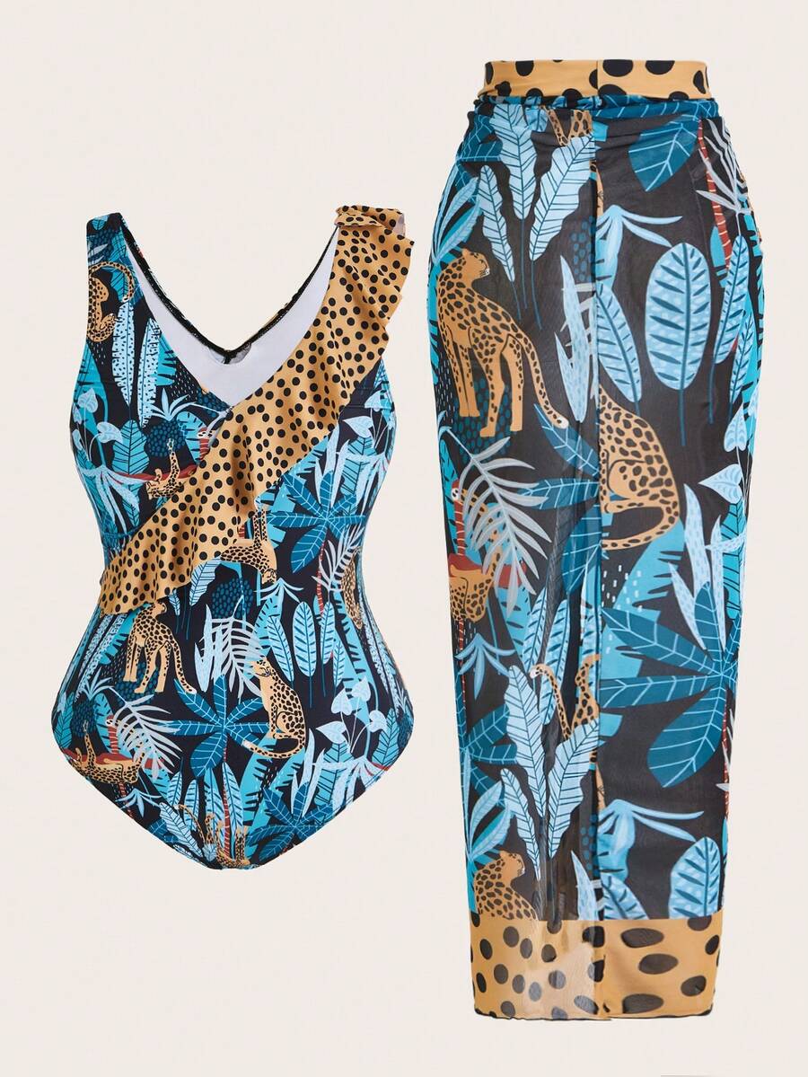 SHEIN Swim Oasis Maiô Com Babados Estampados Tropicais De Tamanho ...