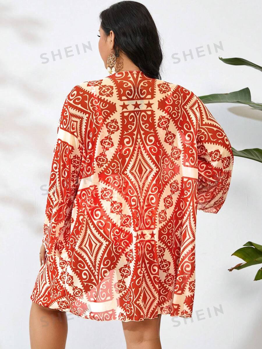 SHEIN Swim Curve Conjunto de bikini con estampado vintage de talla grande, conjunto de bikini ...