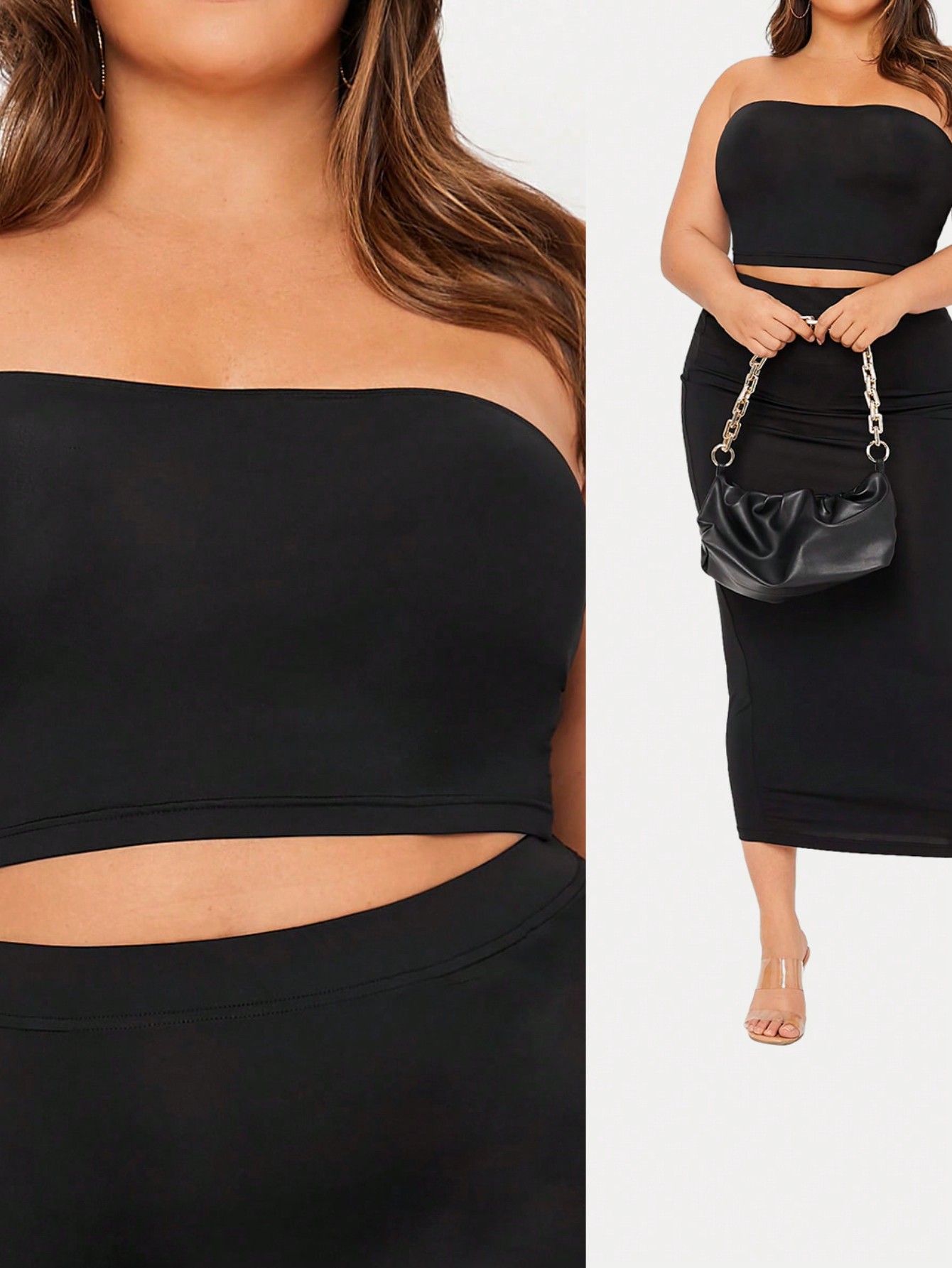 SHEIN CURVE+ Plus Size Women's Black Top Solid Color Cropped Strapless ...