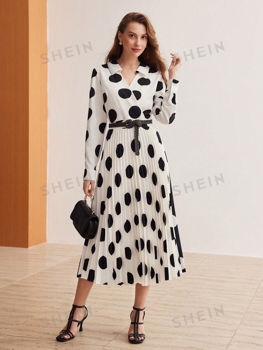 MOTF PREMIUM POLKA DOT COLORBLOCK PLEATED HEM DRESS | SHEIN USA