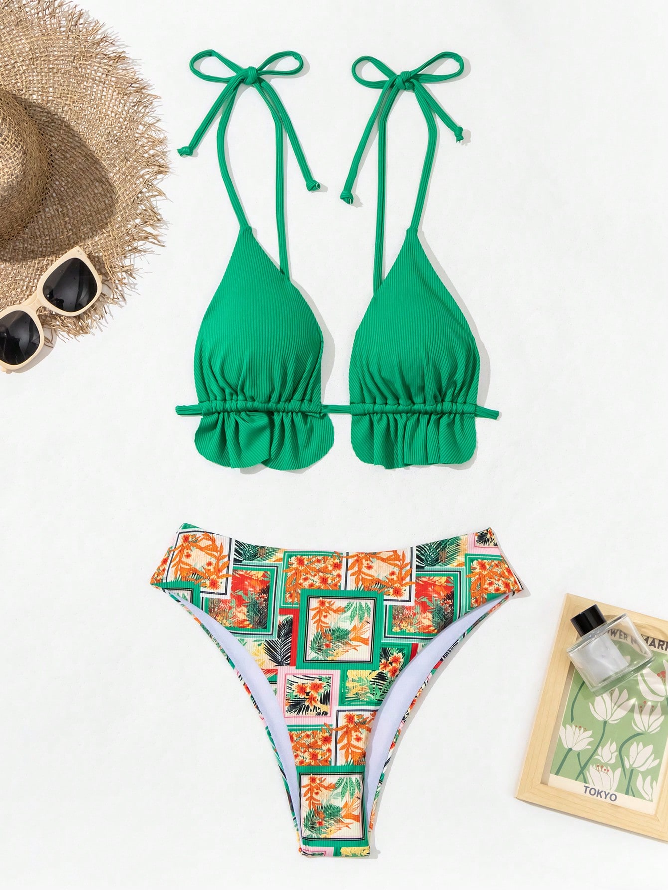 Womens Ruffled Hem Cami Top And Printed Triangle Bikini Bottoms Two