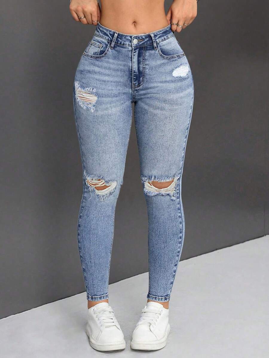 SHEIN PETITE Ladies' Ripped Slim Fit Jeans Ripped Jeans | SHEIN USA