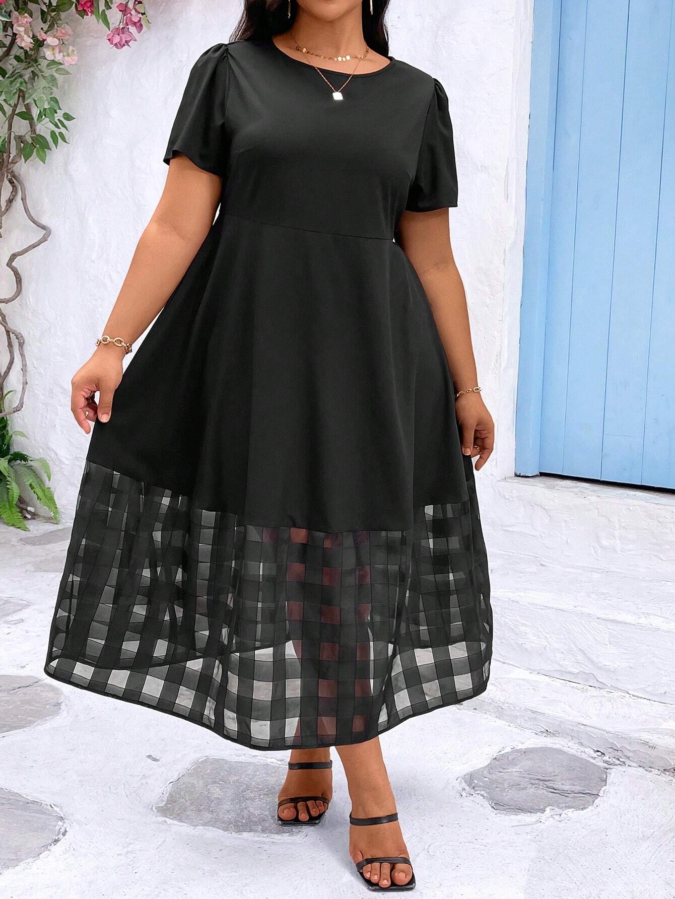SHEIN Privé Plus Size Plaid Patchwork Empire Waist Dress | SHEIN USA