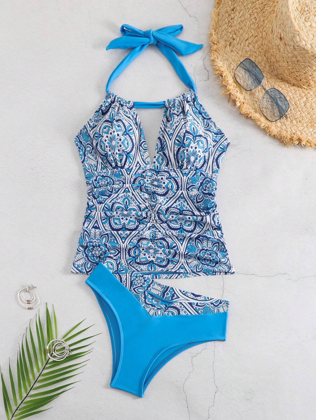 SHEIN Swim Random Print Halter Neck Tankini Set With Hollow Out Front ...