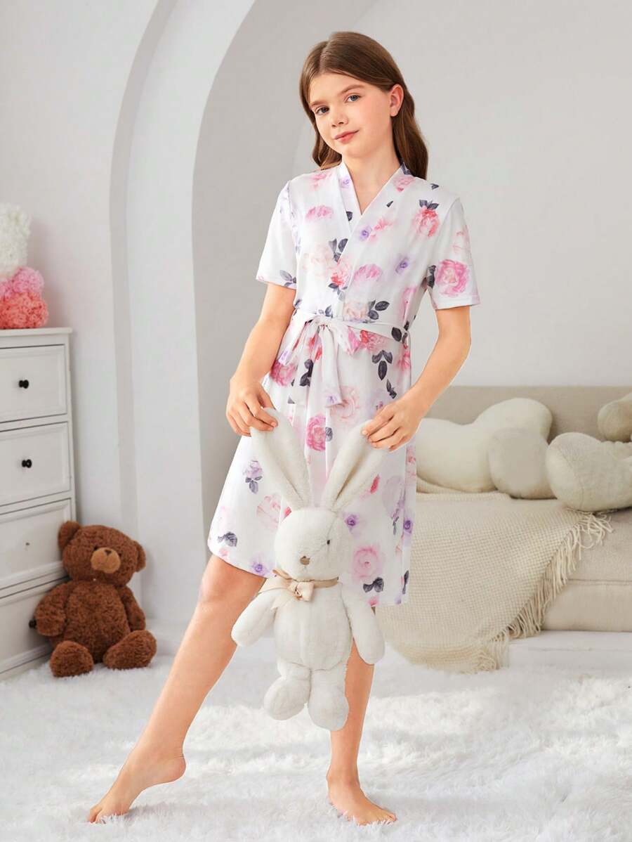 Tween Girl Floral Printed Short Sleeve Long Nightgown | SHEIN UK