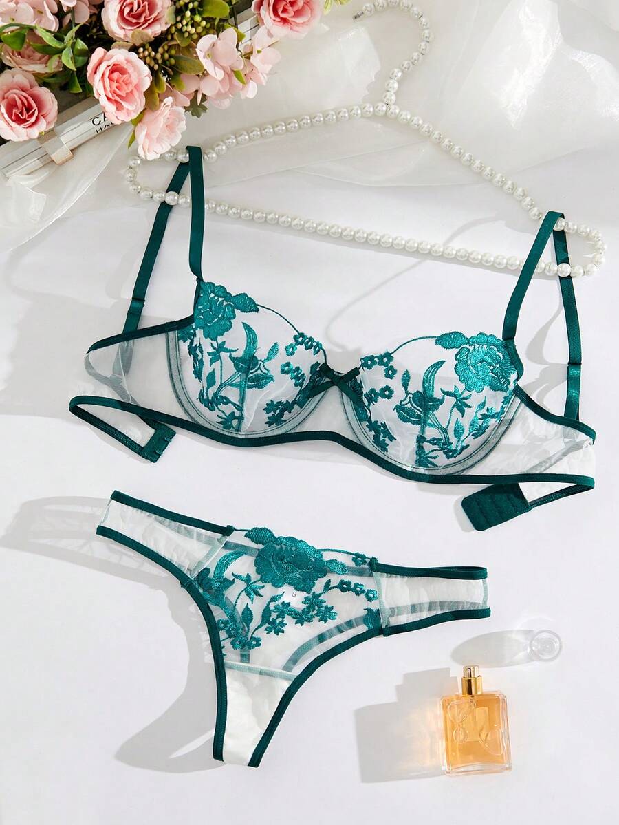 Green Fresh Embroidered Triangle Panties And Sexy Bra Set | SHEIN USA