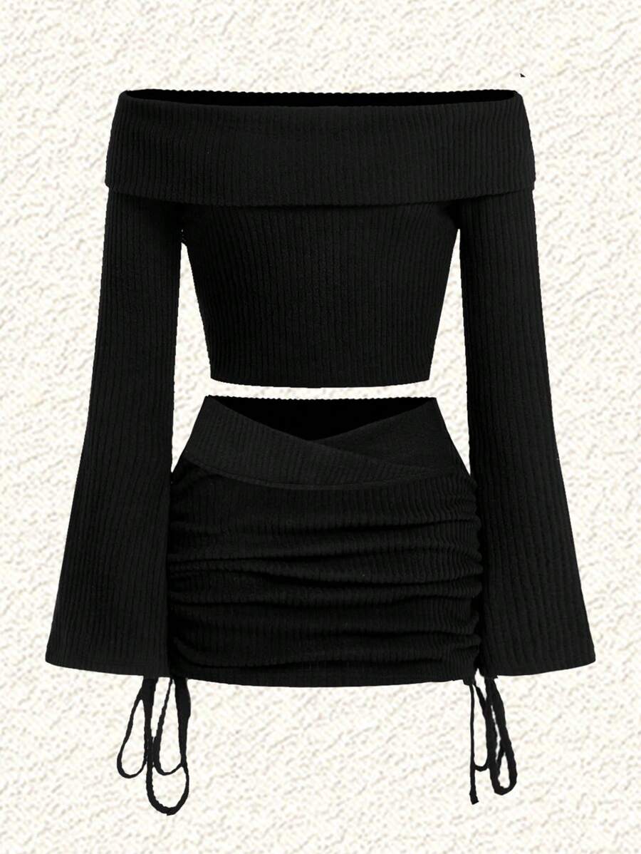 Shein Ezwear 2pcs Plus Size Women's Solid Foldover Off Shoulder Fitted