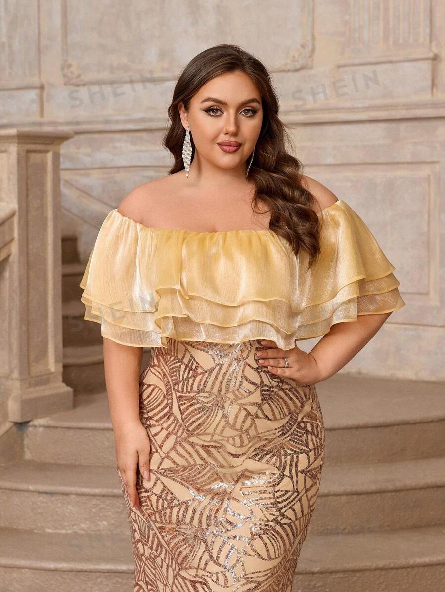 SHEIN Belle Plus Size Mermaid Party Dress With Ruffle Hem, Off Shoulder Design And Sequin ...