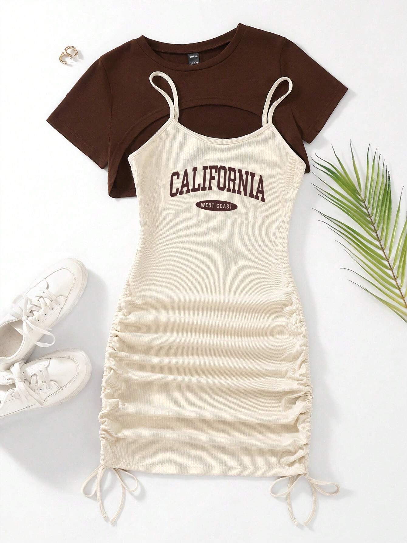 SHEIN EZwear Super Crop Tee & Letter Graphic Drawstring Side Cami Dress ...