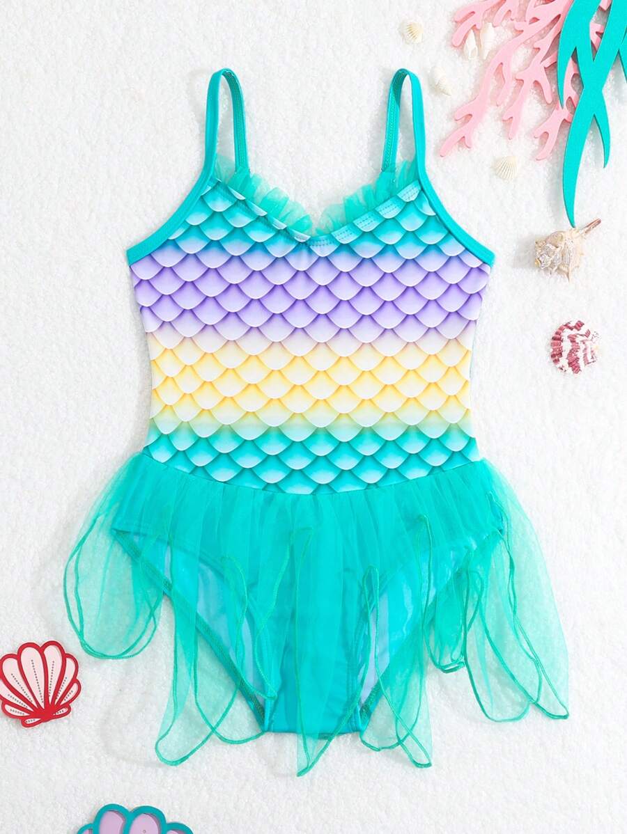 Young Girls' One Piece Fish Scales Gradient Printed Mesh Swimsuit ...