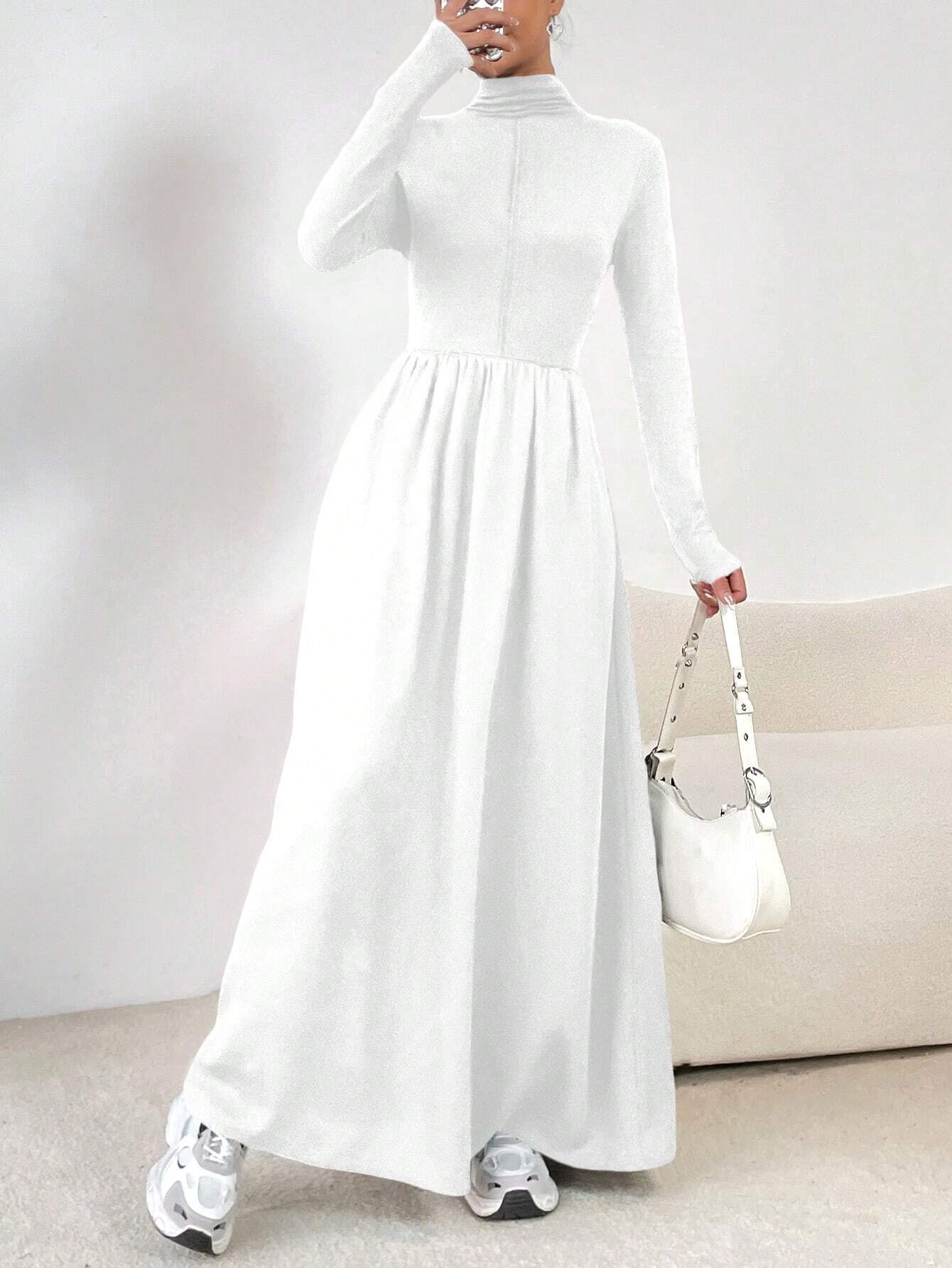 SHEIN EZwear Women's Stand Collar Long Sleeve Solid Color Dress | SHEIN UK