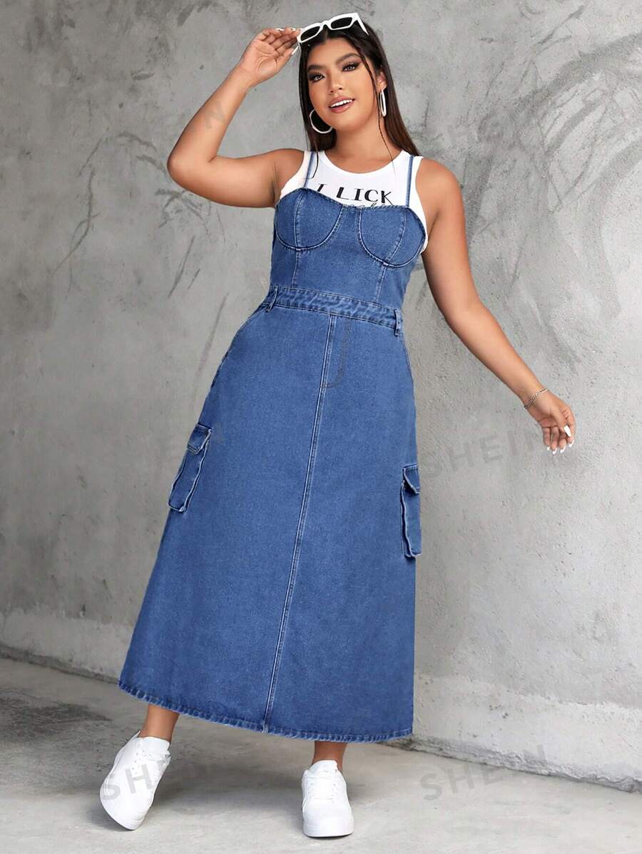 Shein Ezwear Casual Cargo Plus Size Womens Long Denim Overall Dress With Back Slit Blue Shein Uk