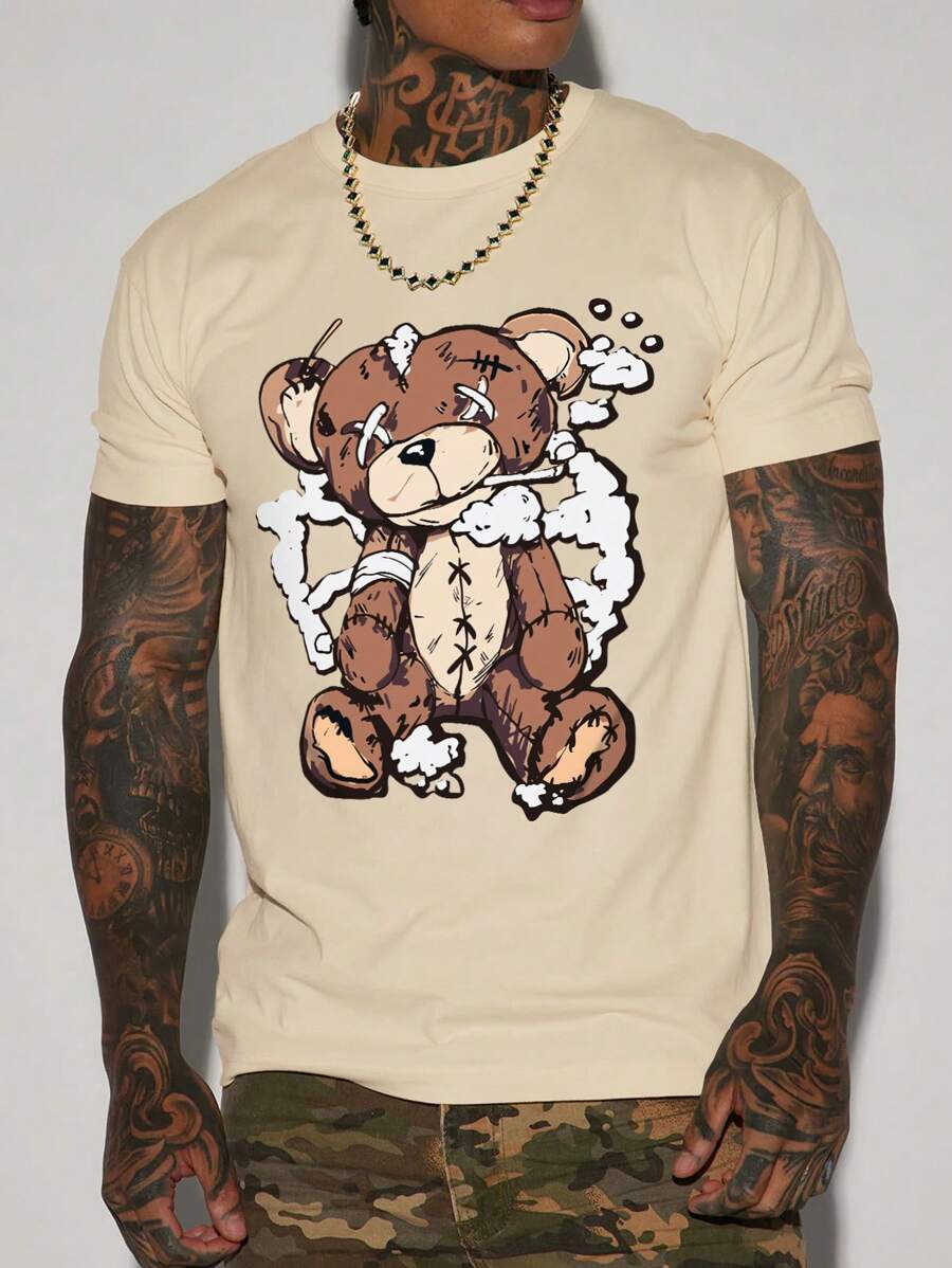 Manfinity Dauomo Men's Bear Print Round Neck Short Sleeve T-Shirt ...