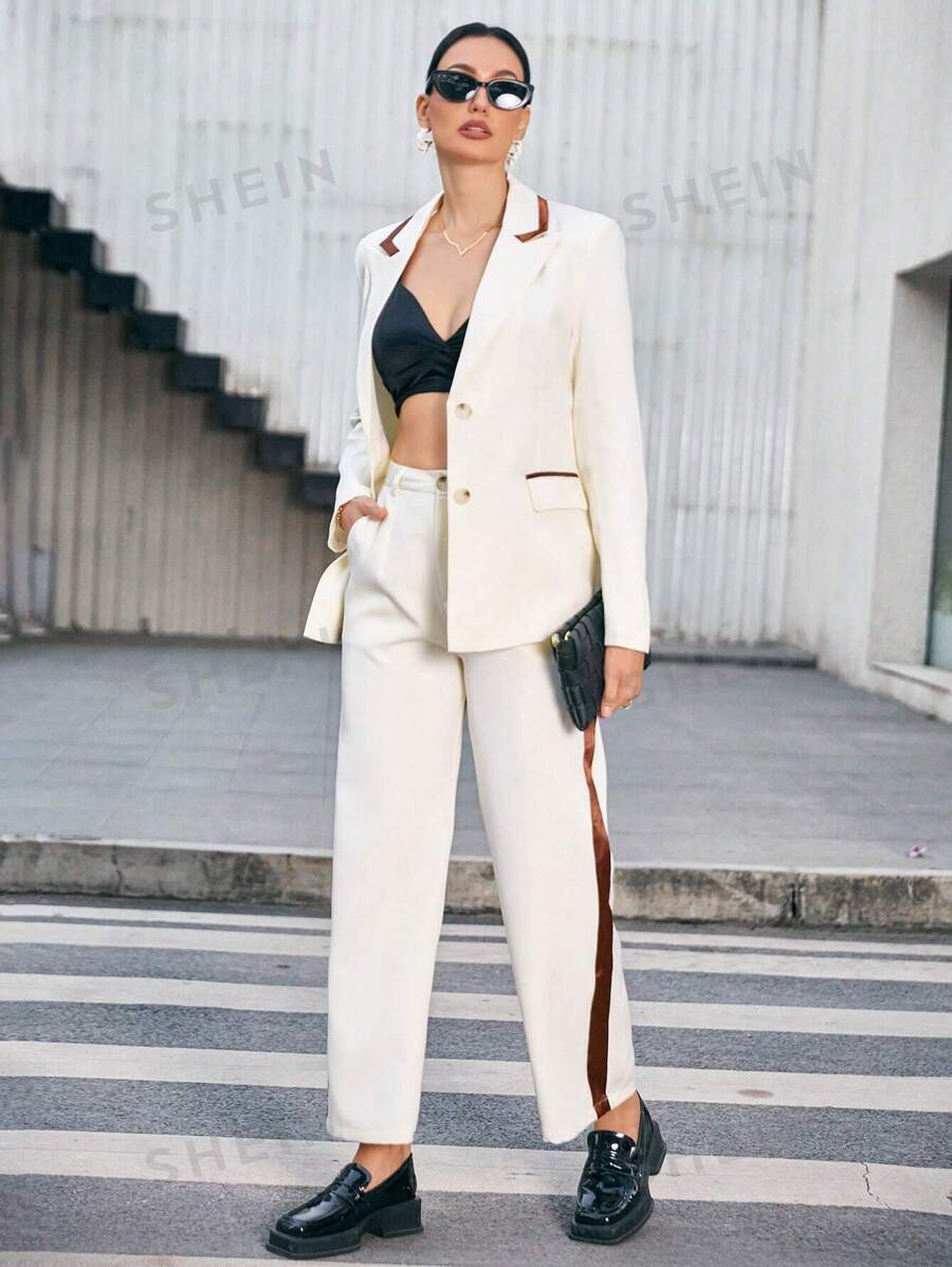 SHEIN BIZwear Colorblock Notched Lapel Single Breasted Suit Jacket And ...