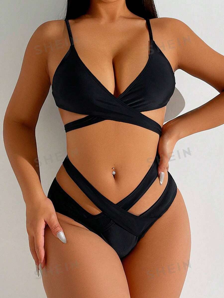 Womens Solid Color Cross Strap Separated Swimsuit 2pcs Set Shein