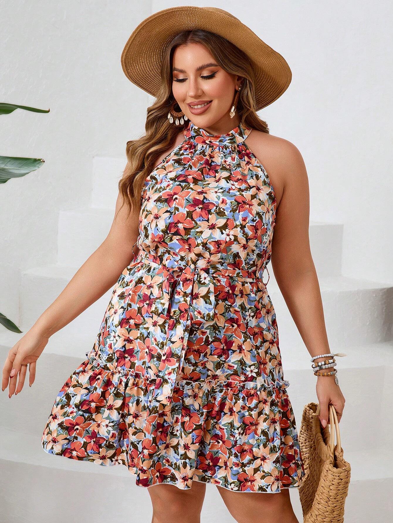 SHEIN VCAY Plus Size Vacation Dress With Floral Print And Ruffled Hem ...