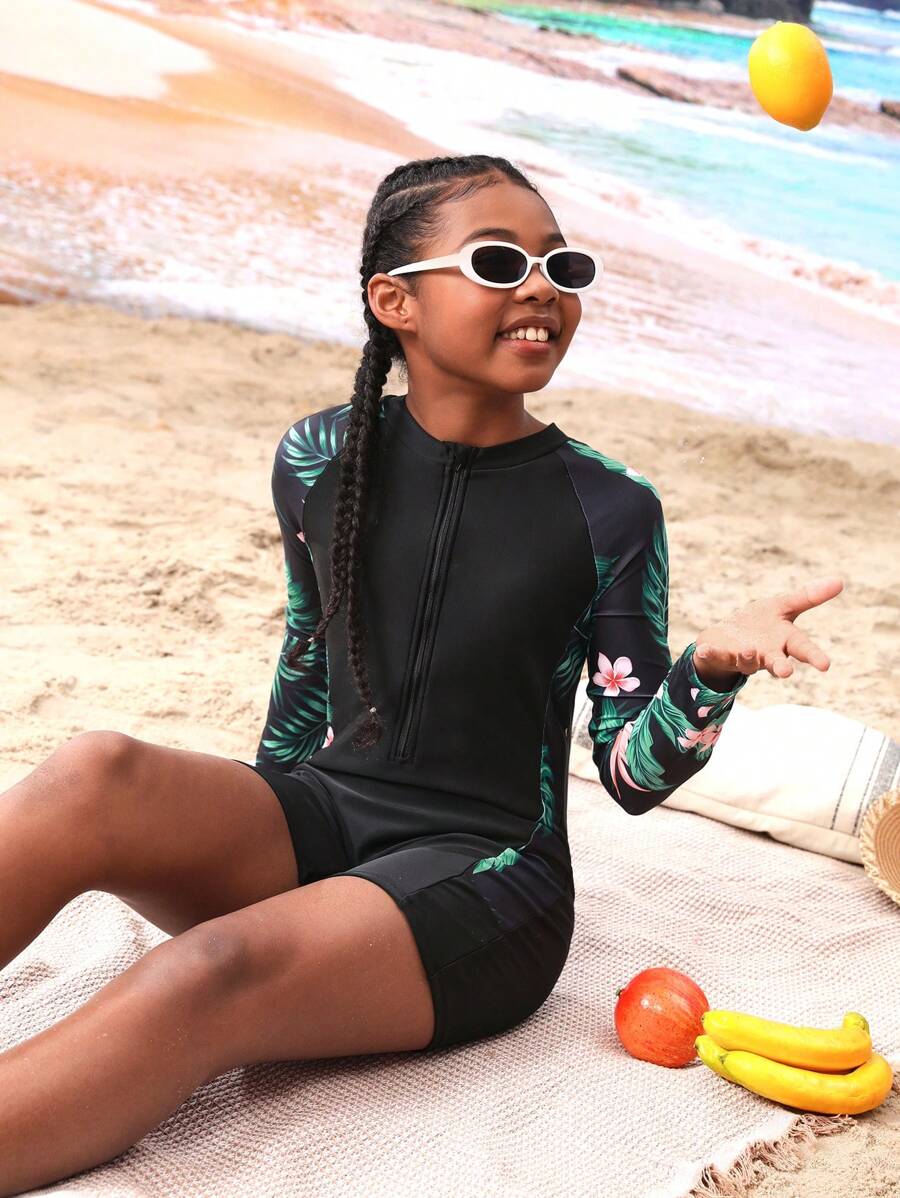 Tween Girls' Tropical Printed Zipper Front Long Sleeve One Piece ...