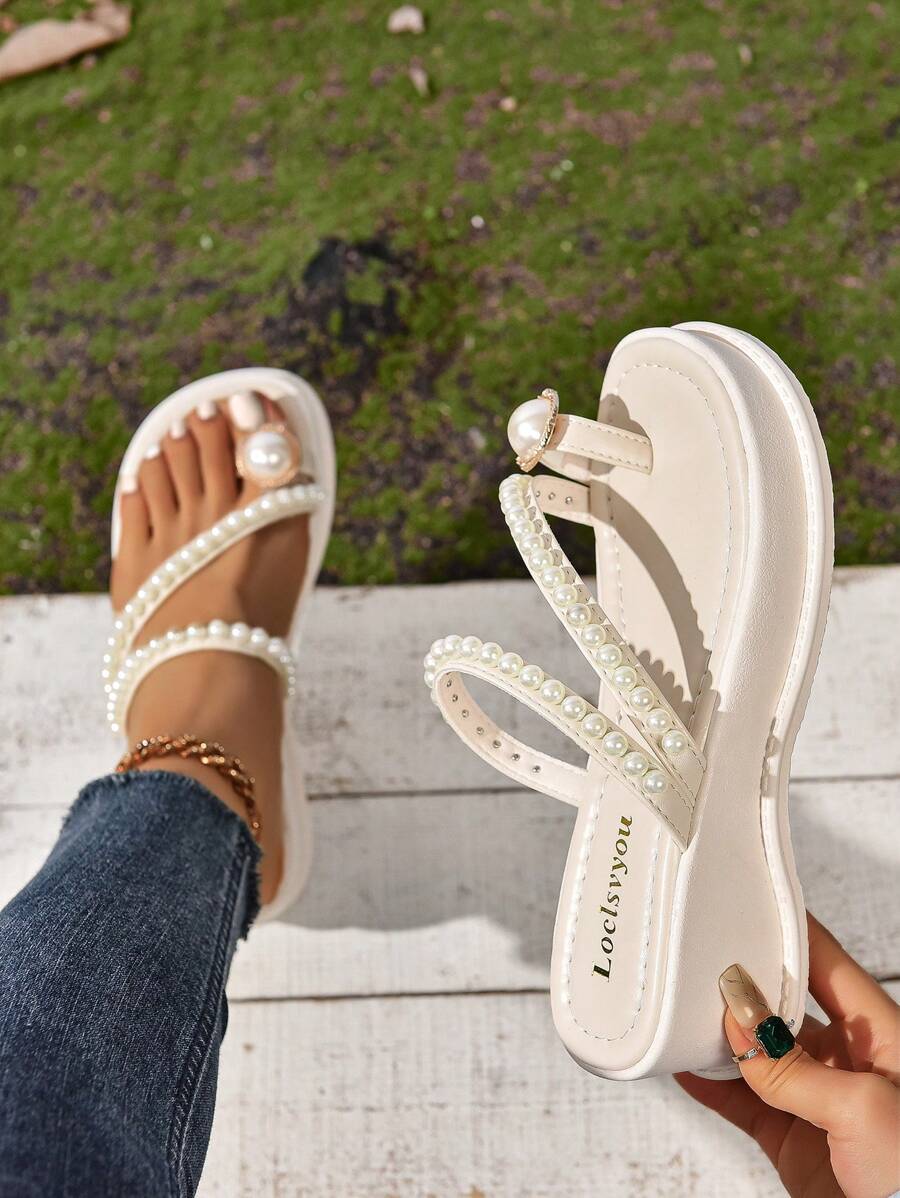 Women's Pearls Decor Wedge Heel Platform Slides In Beige For Beach ...