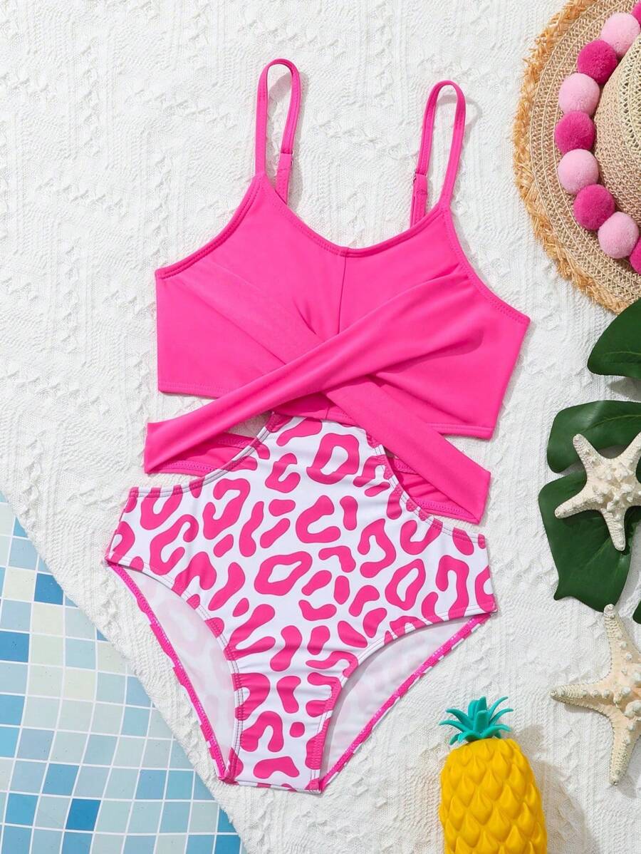 Traje De Baño De Una Pieza Con Diseño Cruzado Y Empalme Con Estampado ...