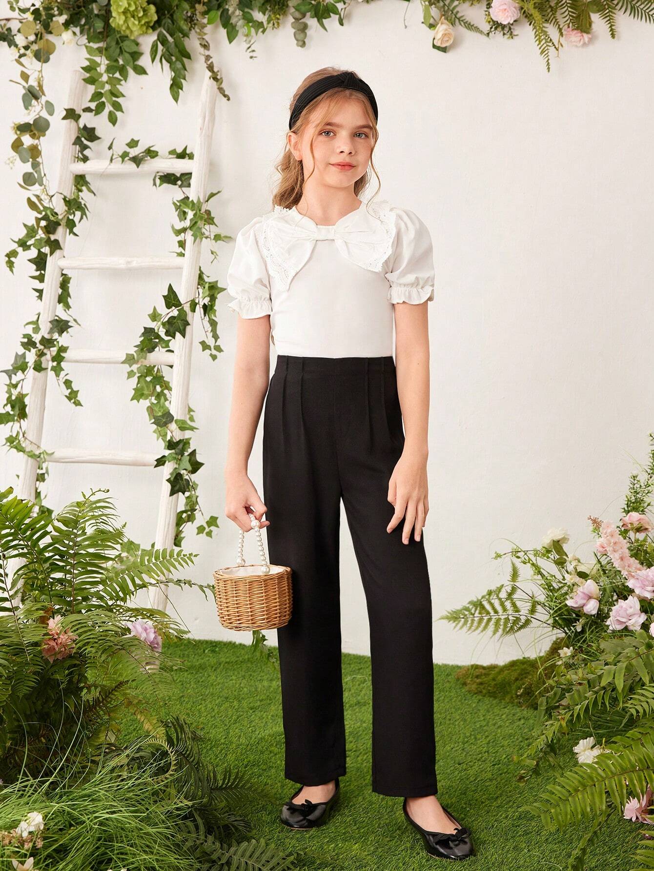 Tween Girl Elegant & Minimalist Tweed Pants With Waist Pleats And Side ...
