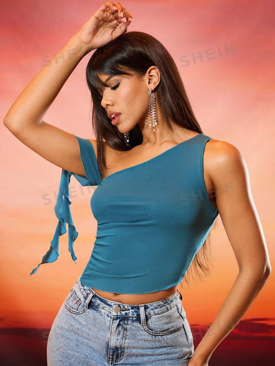 SHEIN BAE Solid Color Mesh Irregular One Shoulder Tight Top With Ruffle ...
