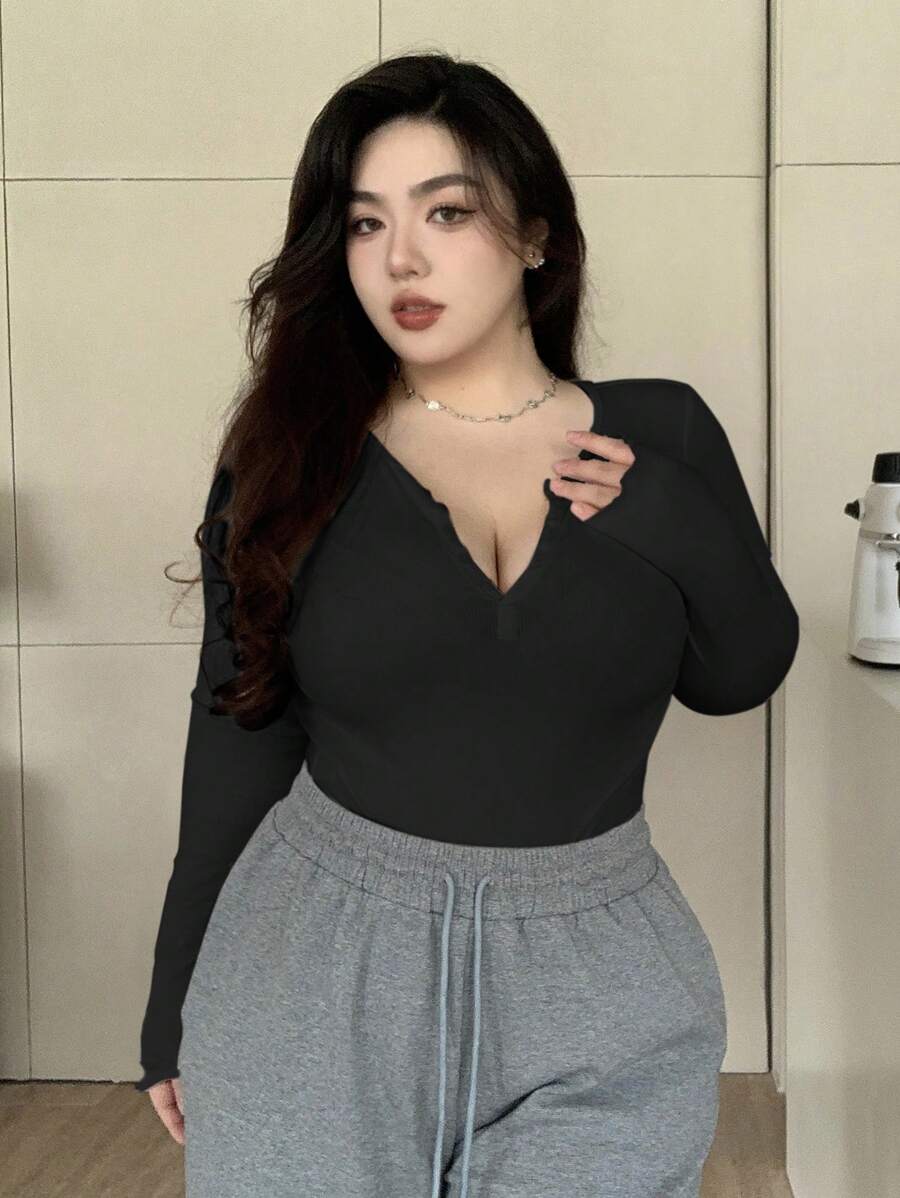 Dazy Plus Plus Size Solid Color Button Placket Half Open Neck Long Sleeve T-Shirt | SHEIN USA