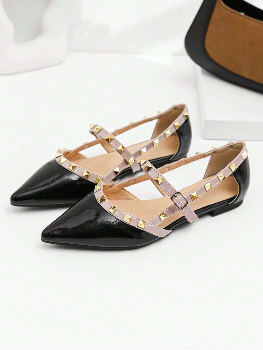 New Arrival Black Patent Leather Flat Shoes With Rivets, Pointed Toe ...