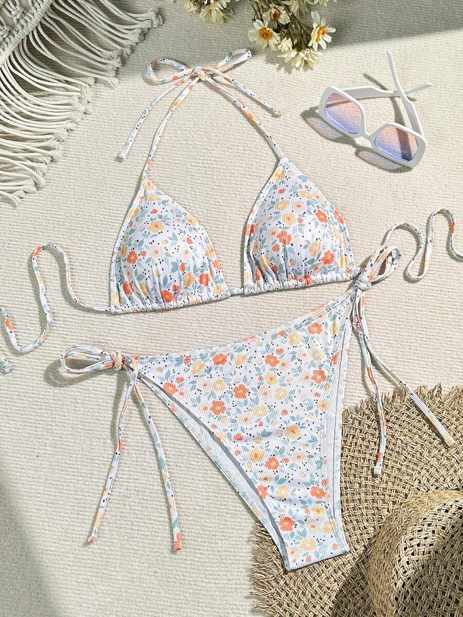 SHEIN Maternity Halter Neck Floral Print Bikini Set, String Beach ...