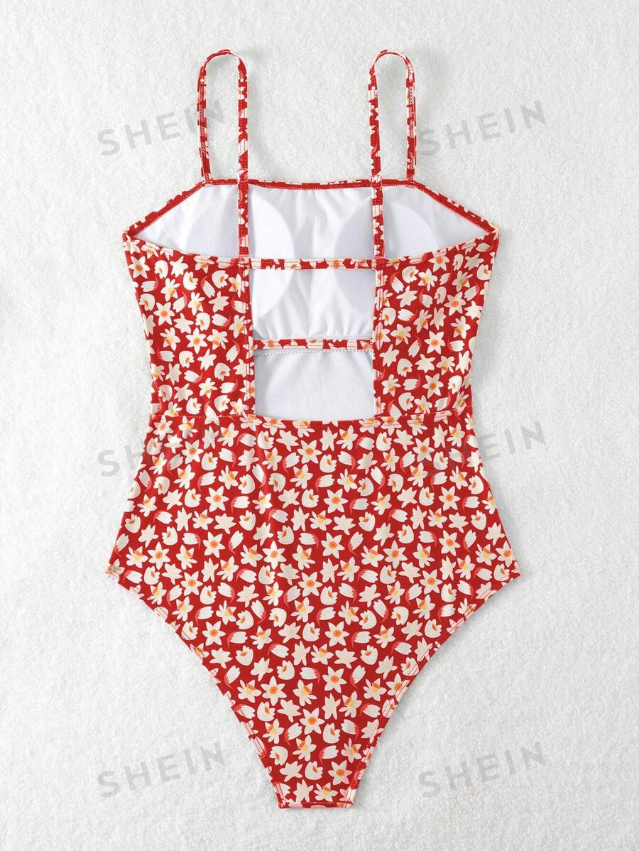 Shein Swim Vcay Womens Ditsy Floral Print Hollow Out Backless One