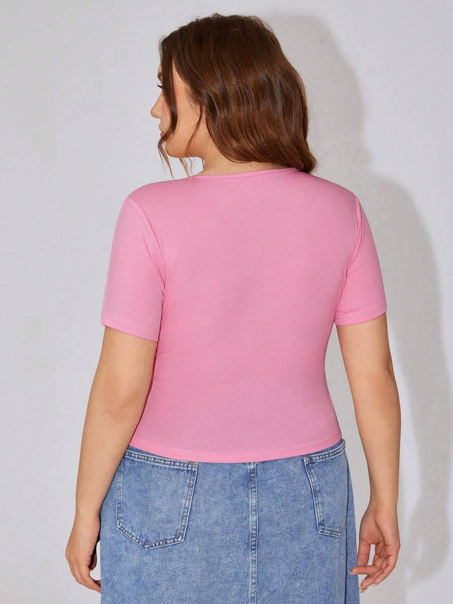 SHEIN Qutie Plus Size Women's Pink Basic T-Shirt With Twist-Front Design | SHEIN USA