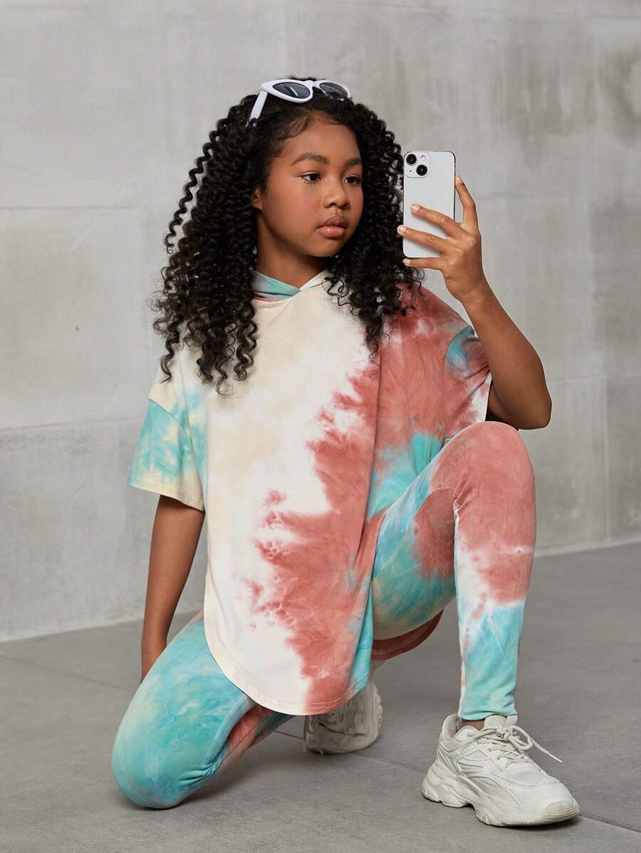 SHEIN Tween Girl Knitted Tie-Dye Hooded Short Sleeve Top With Matching ...