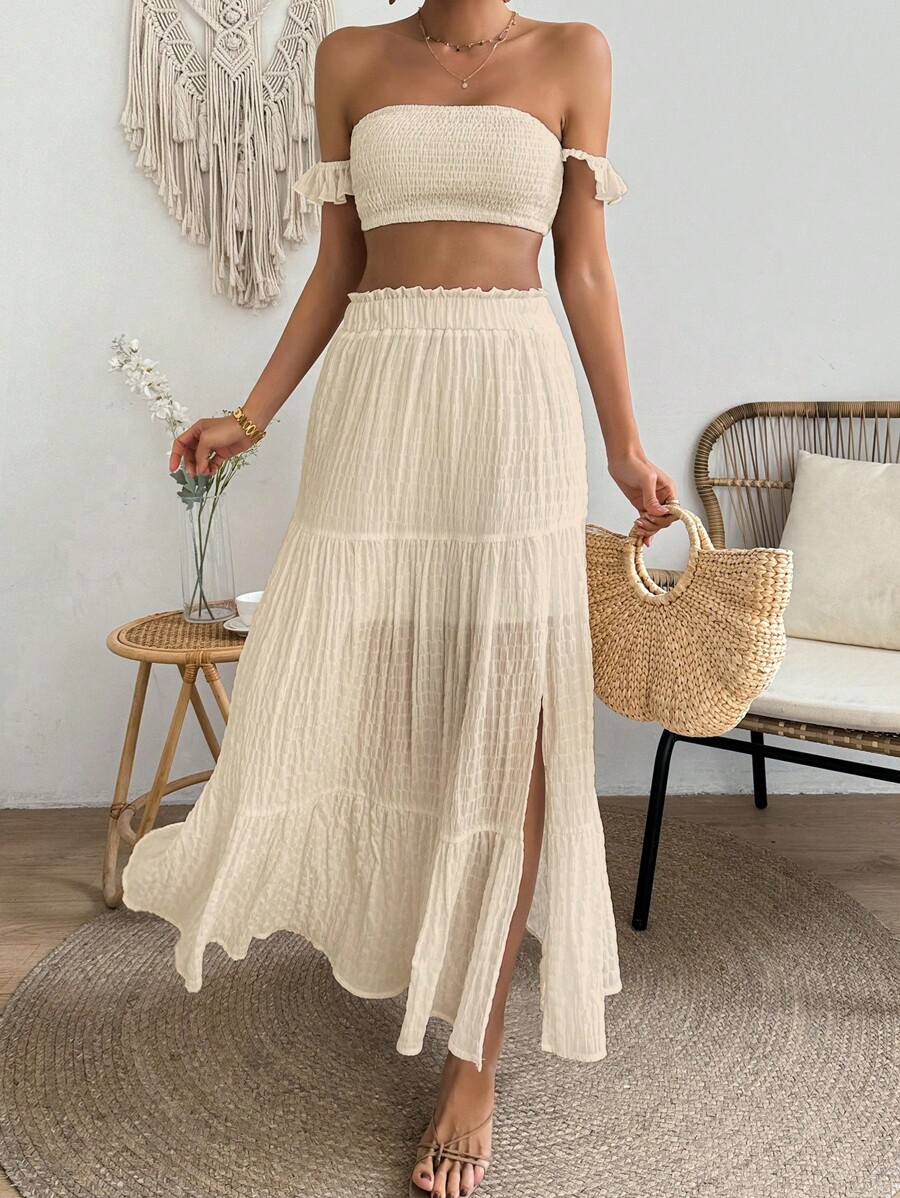 SHEIN VCAY Women's Solid Color Off Shoulder Top And Split Hem Skirt Set ...